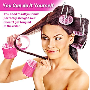 Jumbo Hair Curlers Self-Grip Rollers, 60mm Large Rollers with Clips for Long, Thick Straight Hair (Rose Red) - Hair Curlers Rollers