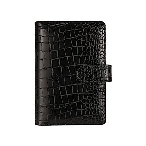 A6 6 Ring Budget Binder - Crocodile Pattern Leather Notebook Binder, Small Refillable Planner Cover with Magnetic Buckle, Black