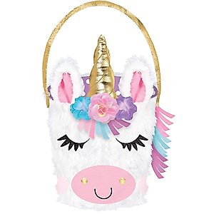Easter Plush White Unicorn Favor Basket, 13" x 7"