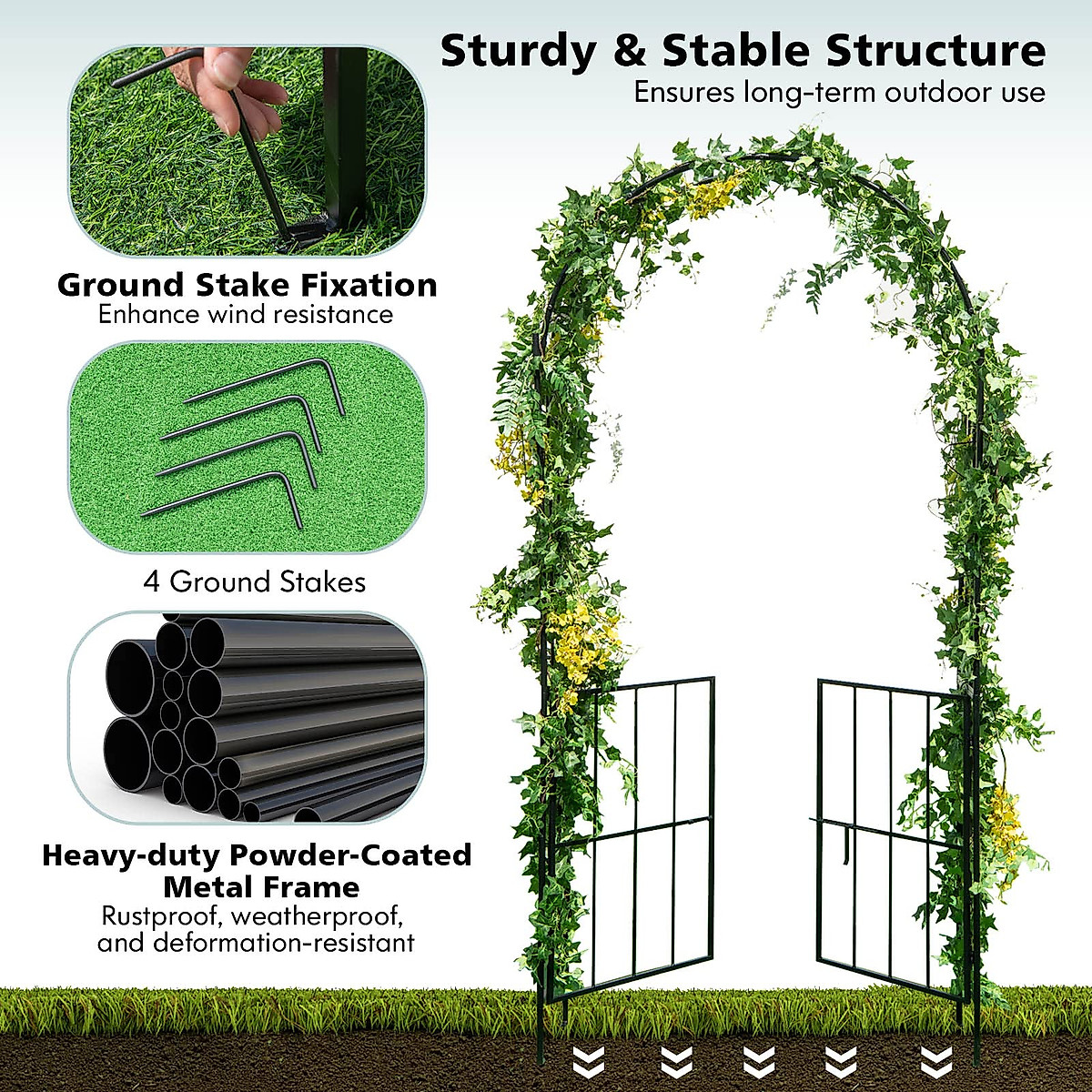 Giantex Garden Arbor Trellis with Door, 7.5FT Metal Garden Arch with Gate and Stakes for Climbing Plants Rose Vine, Arbors and Trellises Pergola for Lawn Patio Wedding Bridal Party Decoration