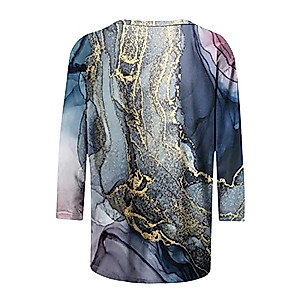 Dress Shirts for Women Cute 3/4 Sleeve t-Shirt Shirts Casual Summer 2023 Trendy Basic Tee Tops Marble Print Graphic Blouse