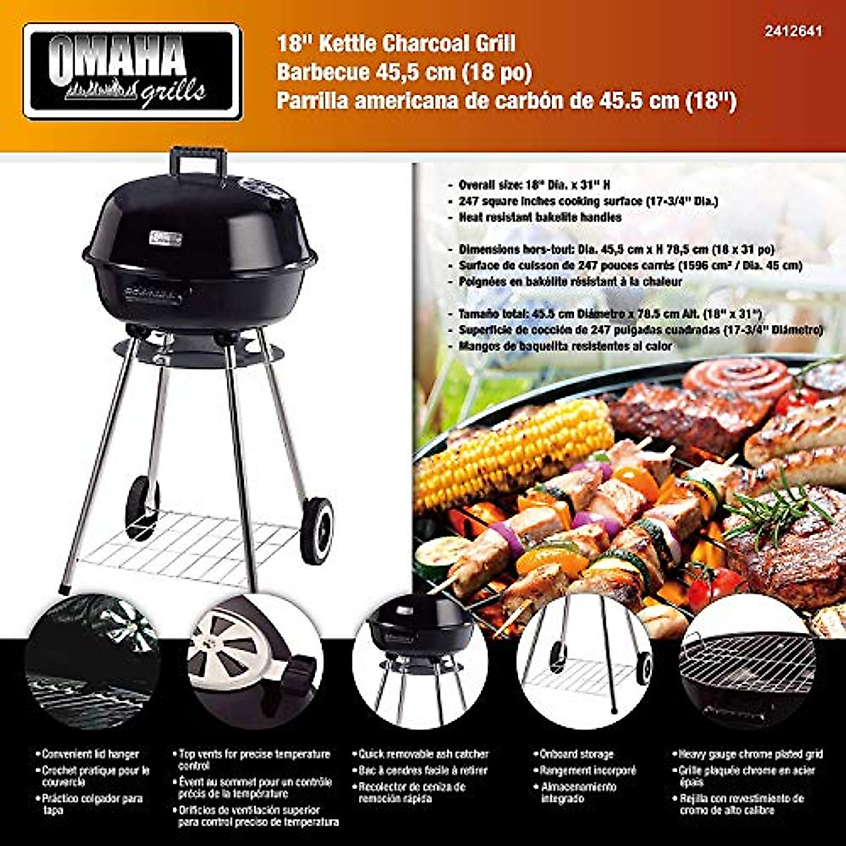 Duke Grills Omaha Charcoal Kettle BBQ Grill - 18” x 31” X 23” - 247 sq-in cooking surface - Cook 9+ burgers - Lid Hook - Stable 4 Leg Design - Heat Resistant Handles - Duals Vents - Ash Catcher