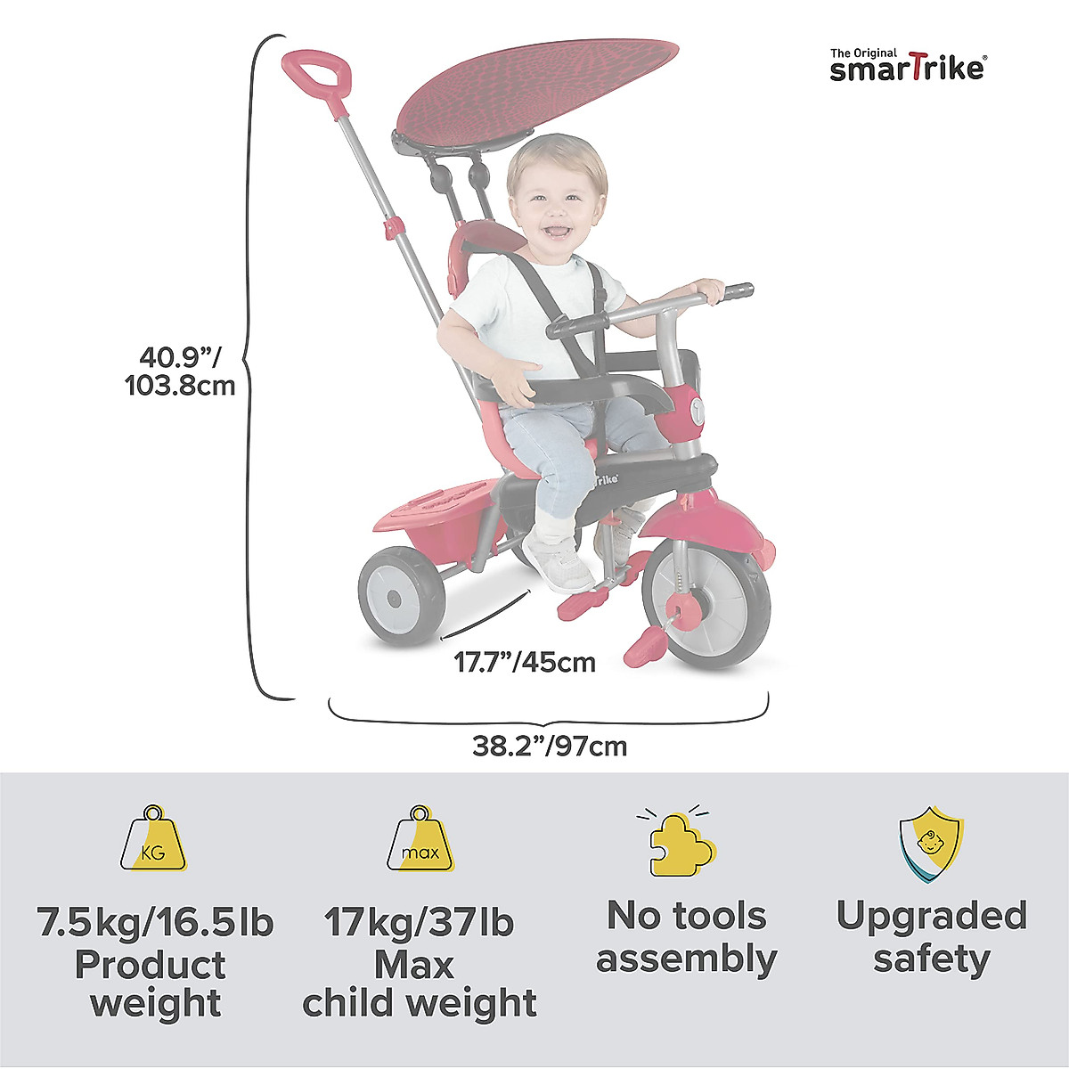 smarTrike Kids Adjustable Tricycle Push Bike Trike Ride On Toy with Parent Control Button for Toddler Ages 15 Months to 3 Years, Red