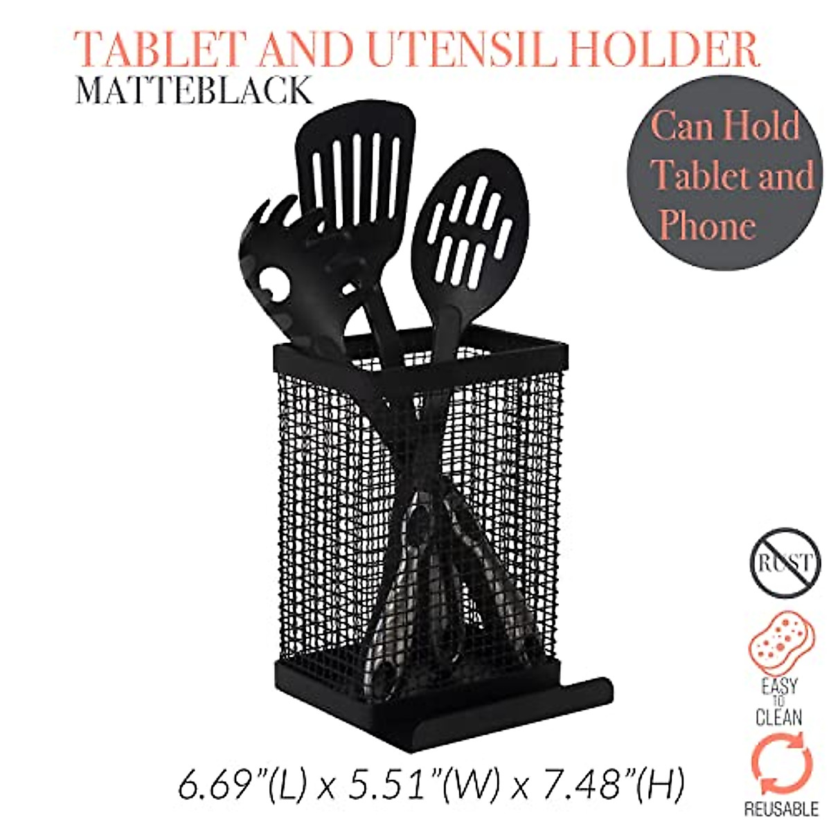 Kitchen Details Industrial Collection Tablet and Utensil Holder | Dimensions 6.69" x 5.51" x 7.48" | Freestanding | Rust Resistant | Kitchen Accessories | Matte Black