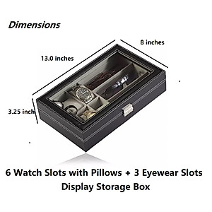 RJ Displays Valet Jewelry Box for Men - Holds 6 Watches, 3 Sunglasses Tray Storage Holder Mens Watch Case Organizer with Metal Accents, PU Leather & Large Glass Lid - Black Watc + Gift Box