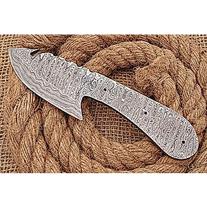 8 inches long hand forged spear point gut hook skinning knife blade, knife making supplies, Damascus steel blank blade Pocket knife with 3 Pin hole, 3.5 inches cutting edge, 4.25" scale space