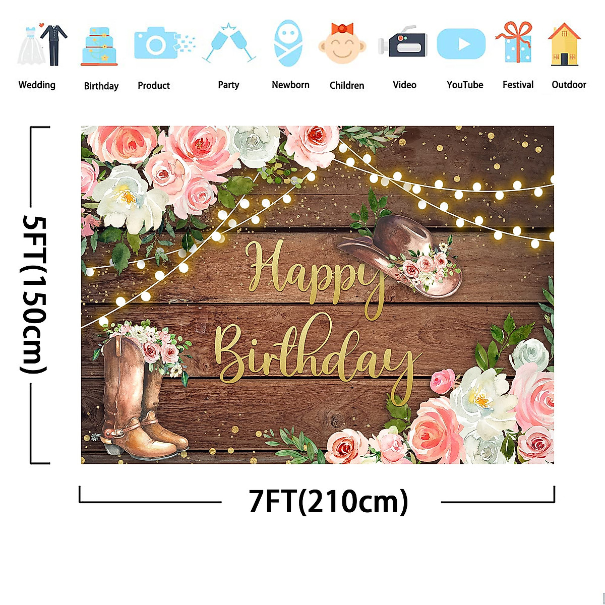 SVBright Cowgirl Birthday Backdrop for Woman 7Wx5H Western Rustic Country Wooden Plank Pink Flower Happy Birthday Baby Shower Wood Hat Retro Decoration Photography Background Banner Photo Booth Studio