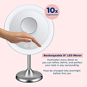 Conair Lighted Makeup Mirror with 10X Spot Magnification, LED Vanity Mirror, Handheld Mirror, 1X/10x Magnifying Mirror, Rechargeable in Satin Nickel