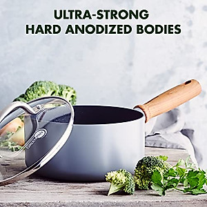GreenPan Mayflower Pro Hard Anodized Healthy Ceramic Nonstick, 1QT Saucepan Pot, Vintage Wood Handle, PFAS-Free, Induction, Charcoal Gray