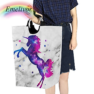 Emelivor Laundry Baskets with Handles - White Marble Galaxy Unicorn Large Laundry Hamper Collapsible Waterproof Laundry Storage Basket for Home Nursery