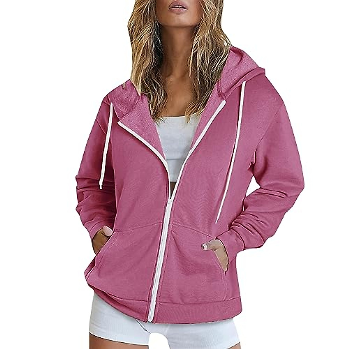 Women Sweatshirt Pullover Hoodies Womens Casual Solid Long Sleeve Zipper Hooded Coat Pocket Sweatshirt Tops Women S Hoodie Sweatshirt Hot Pink
