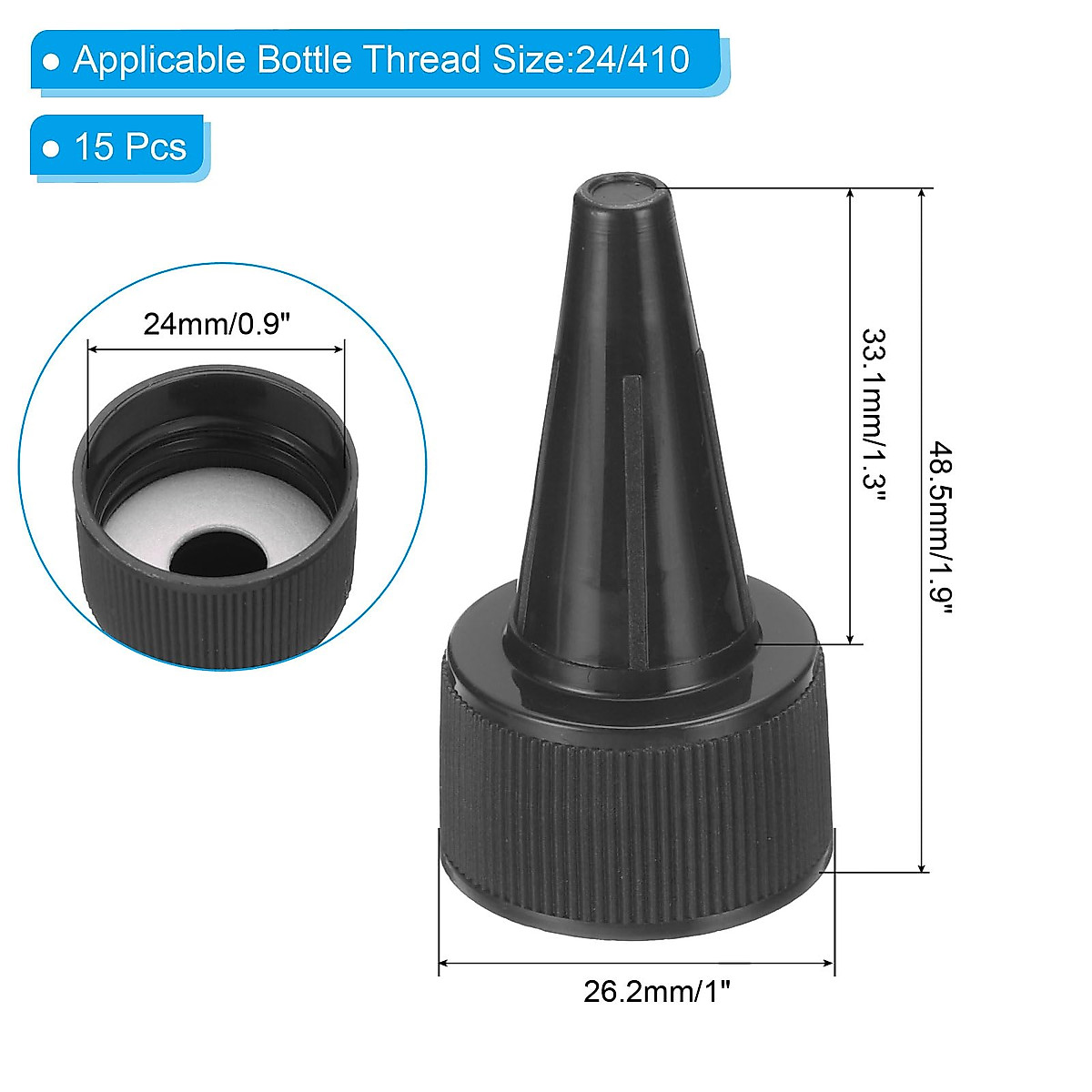 PATIKIL 24/410 Twist Bottle Caps, 15Pcs Plastic Ribbed Edge Squeeze Bottle Replacement Caps with Foam Gasket for Paint Lids Glue Dispensing Bottles, Black