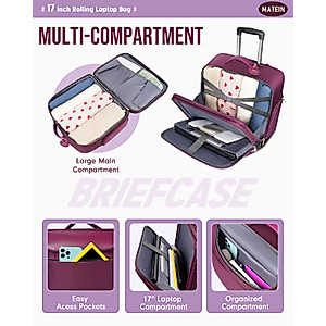 MATEIN Rolling Briefcase for Women, Large 17 Inch Laptop Travel Bag with Wheels & 3 Packing Cubes, Carry On Business Luggage Office Roller Computer Case Suitcase for Teacher College Work, Purple