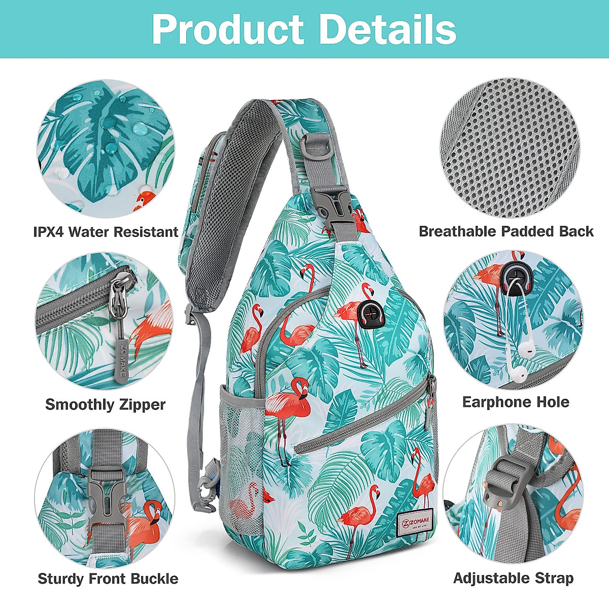 ZOMAKE Sling Bag for Women Men:Small Crossbody Sling Backpack - Mini Water Resistant Shoulder Bag Anti Thief Chest Bag Daypack for Travel Hiking Outdoor Sports(Flamingo Blue)