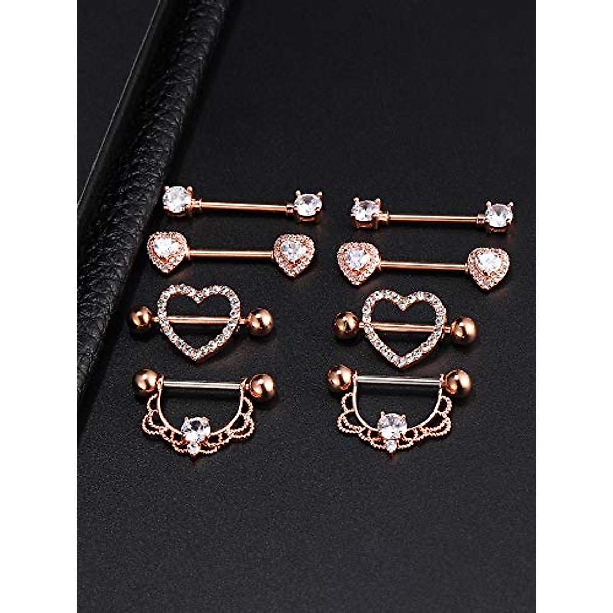 4 Pairs Stainless Steel Nipple Rings Tongue Ring Piercing Body Jewelry Barbell CZ Heart Shape Rings for Women (Rose Gold Bar and White Zirconia)