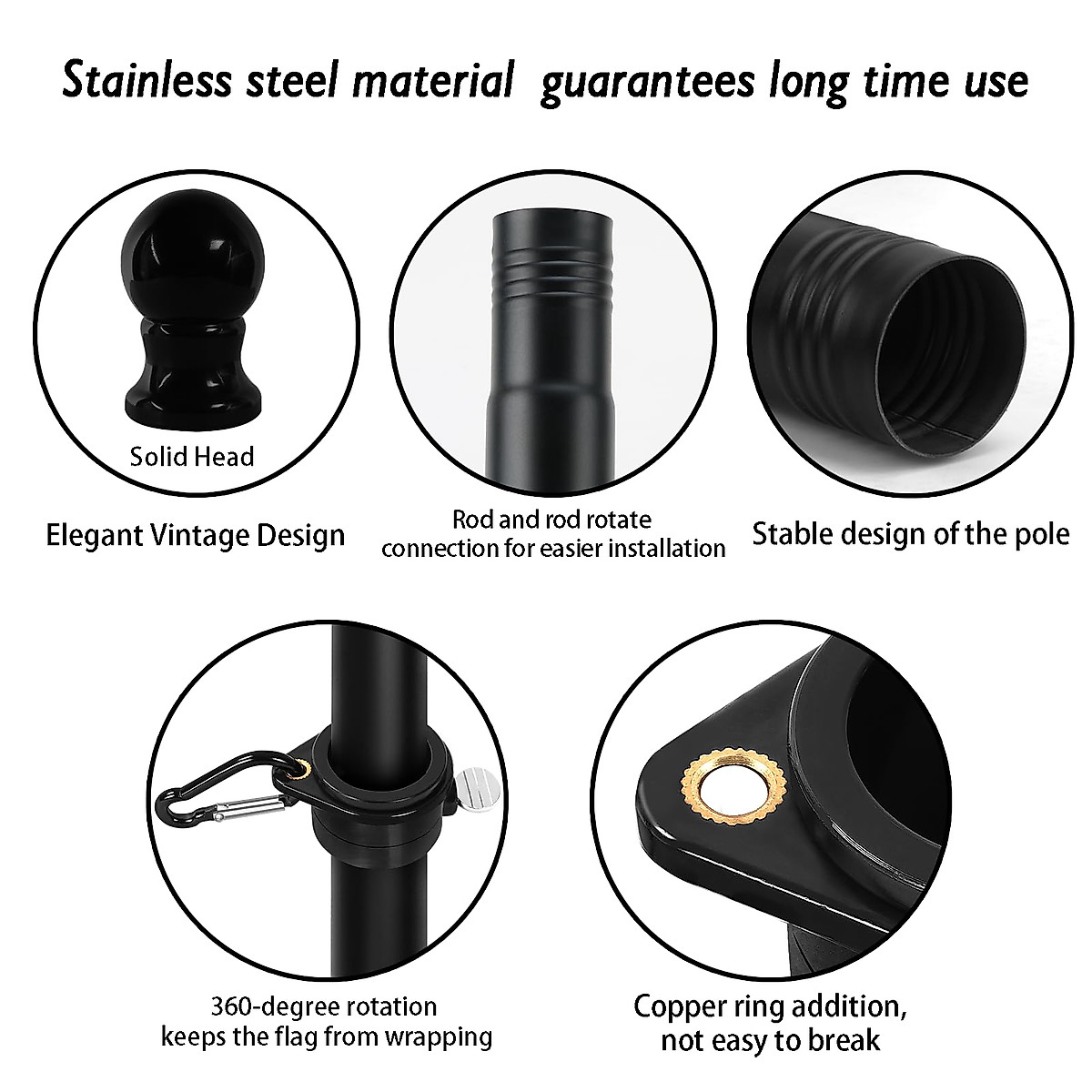 HOOSUN 6 FT Flag Pole Kit with 2 Rotating Rings and Flag Pole Clips,Flag Poles for Outside House,Black Stainless Steel Adjustable Pole for Commercial Or Residential