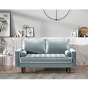 Container Furniture Direct Womble 58 Inch Velvet Loveseat Sofa with Elegant Button Tufted Upholstery, Square Arms, Splayed Wood Legs, Includes Matching Bolster Pillows, Steel Blue