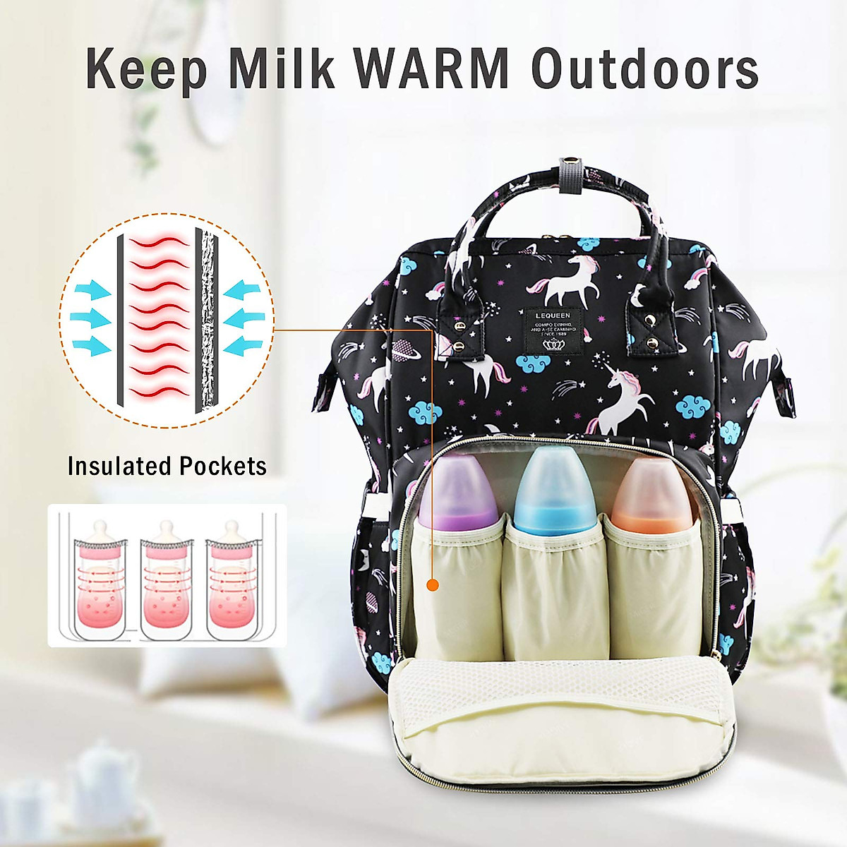 MIGER Diaper Bag Backpack Baby Girl Boy Diaper Bag Cute Maternity Nappy Diaper Backpack Waterproof Unicorn Diaper Bags with Large Capacity Bottle insulation for Mom Dad (Black)