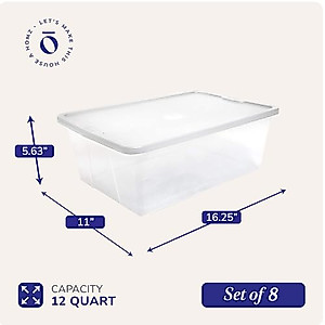HOMZ 12-Quart Snaplock Clear Plastic Storage Tote Container Bin with Secure Lid and Handles for Home and Office Organization (8 Pack)