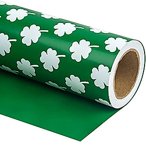 WRAPAHOLIC Reversible Wrapping Paper - Mini Roll - 17 Inch X 33 Feet - St. Patrick Green and White Lucky Clovers Design for Celebration, Baby Shower