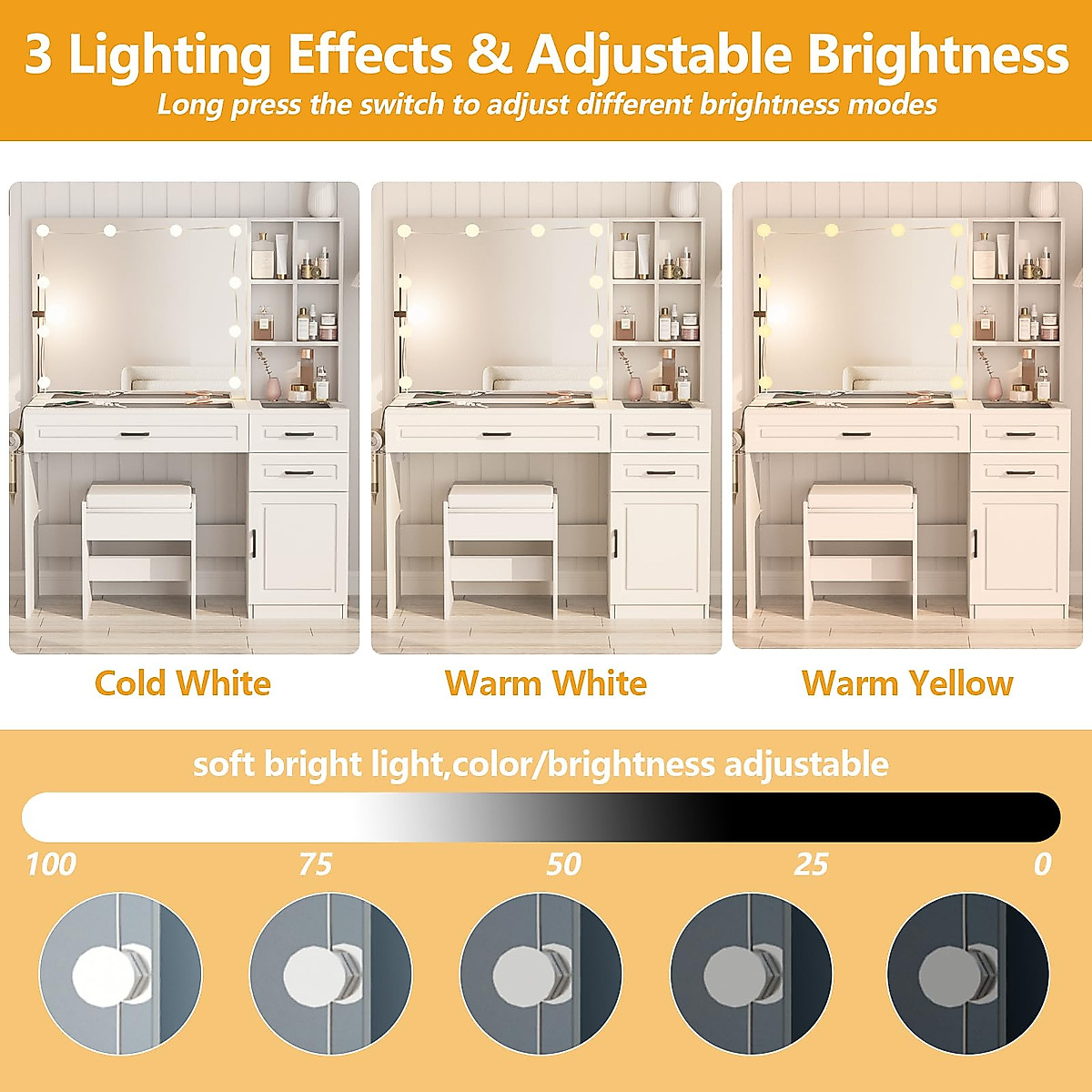 Fameill Vanity Desk with Lighted Mirror & Power Strip,Large Vanity Table with Glass top and Lots Storage,3 Drawer Makeup Desk with Hair Dryer Stand,3 Lighting Modes,White