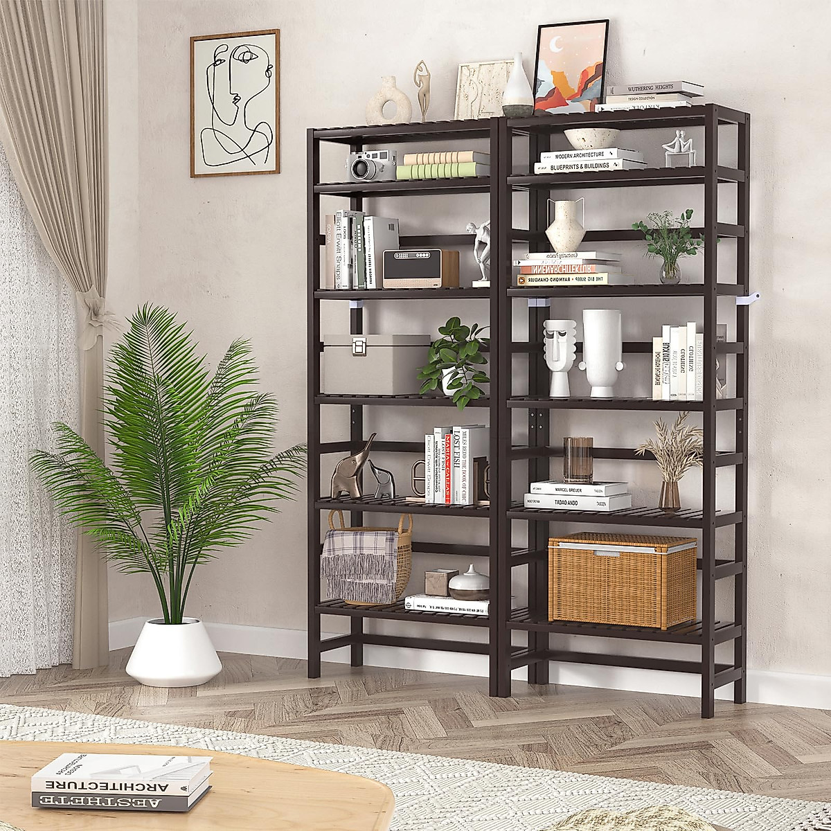 Homykic 6-Tier Bamboo Bookshelves and Bookcases, Adjustable 63.4”Tall Shallow Book Shelf Organizer Rack, Freestanding Storage Shelving Unit for Living Room, Kitchen, Bathroom, Office, Espresso