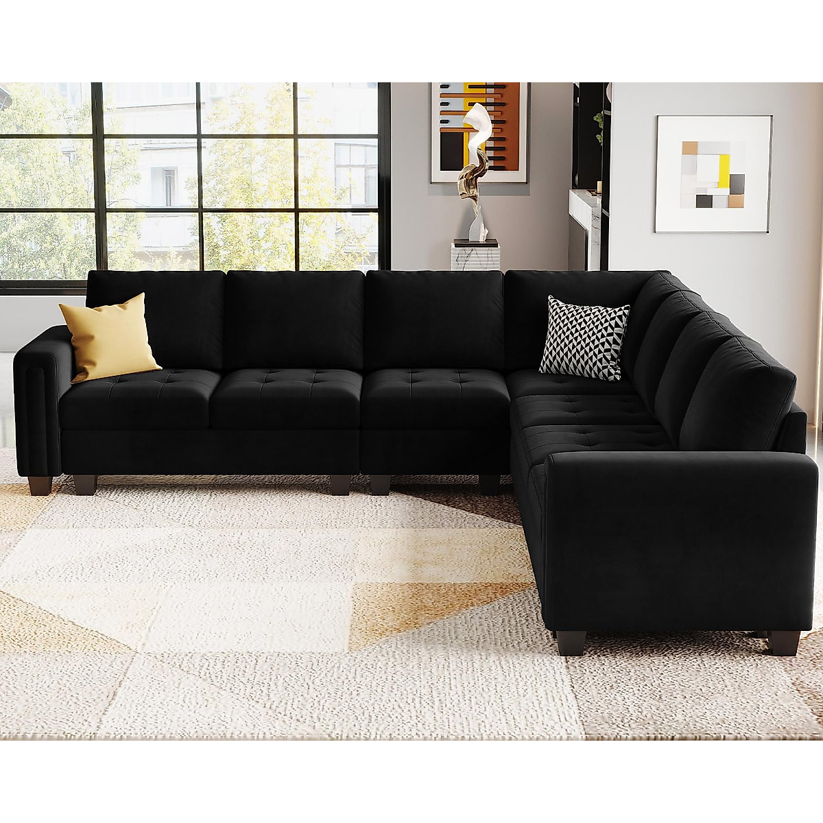 Belffin Modular Velvet Sectional L Shape Sofa Couch Oversized Convertible Sectional Sofa Couch with Reversible Chaise for Living Room Black