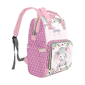 bliblisa Personalized Elephant Floral Pink Diaper Bag Backpack Tote with Name,customized Travel Nappy Mommy Bag Backpack