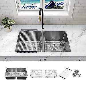 KABCO 18 Gauge 31 Inch Double Bowl Undermount Stainless Steel Kitchen Sink with 4 Pieces Sink Accessories, Rust Resistant Sound and Heatproof Laser Cut Tight Radius Sink for Indoor or Outdoor Kitchens