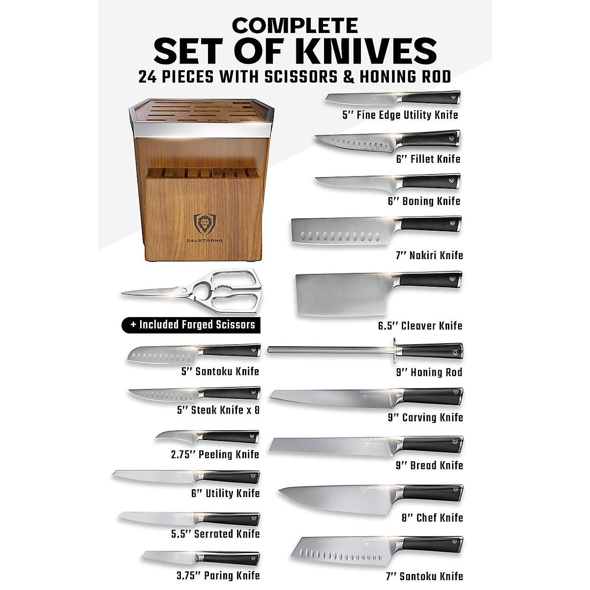 DALSTRONG Vanquish Series-24pc Stainless Steel Knife Set with Block and Kitchen Scissors-Forged High Carbon German Steel-Gift Knife Set w/POM Black Handle-NSF Certified