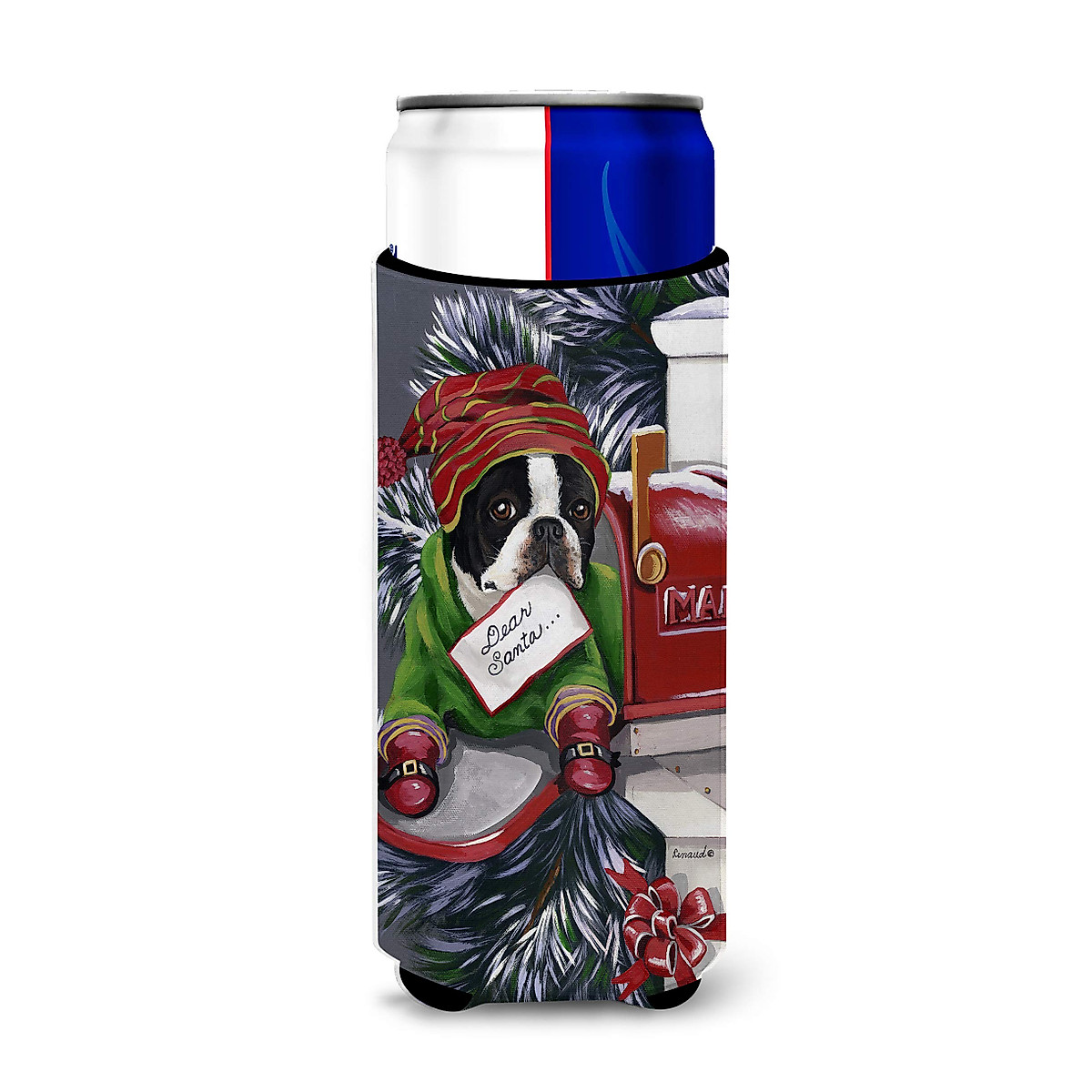 Caroline's Treasures PPP3035MUK Boston Terrier Letter to Santa Christmas Ultra Hugger for slim cans Can Cooler Sleeve Hugger Machine Washable Drink Sleeve Hugger Collapsible Insulator Beverage Insulat