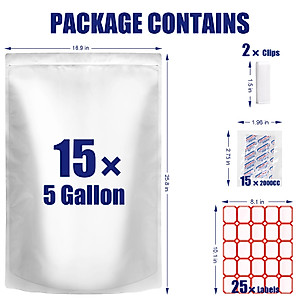 15 Pcs 5 Gallon Mylar Bags for Food Storage, 10.5 Mil Mylar Bags with Oxygen Absorbers 2000cc (15 Single Sealed), Stand-Up Zipper Resealable Bags & Heat Sealable Food Storage Bags + Labels