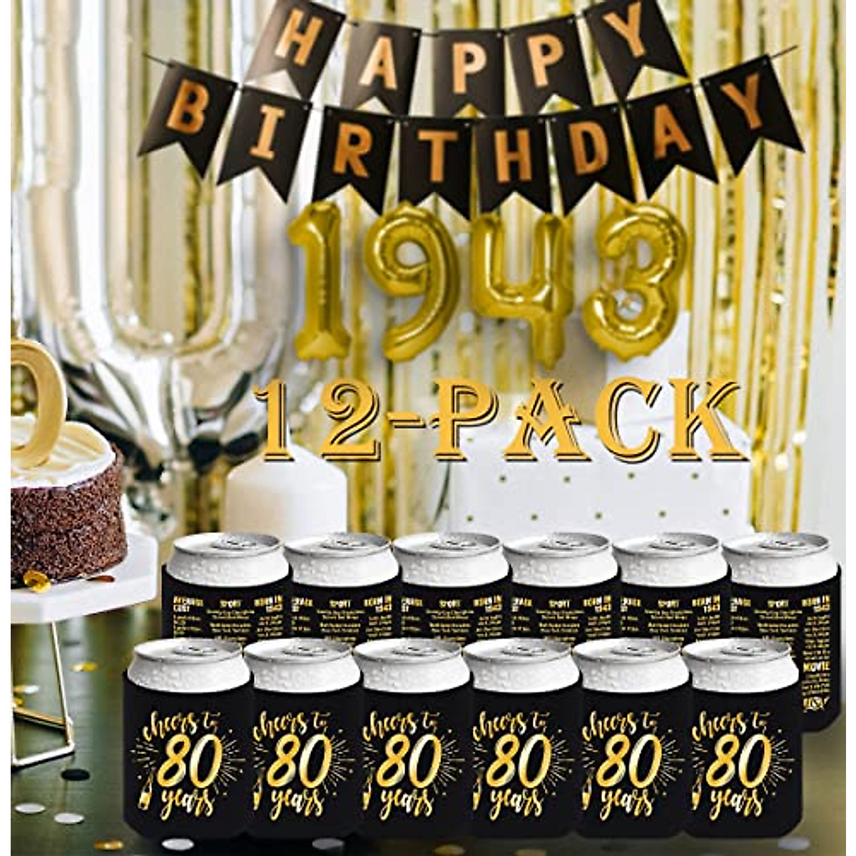 Henghere 80th Birthday Decorations for Men Women, 80th Birthday Party Supplies, Vintage - Eighty Birthday Party Beverage Can Cooler Sleeves, 12-Pack (Black & Gold)