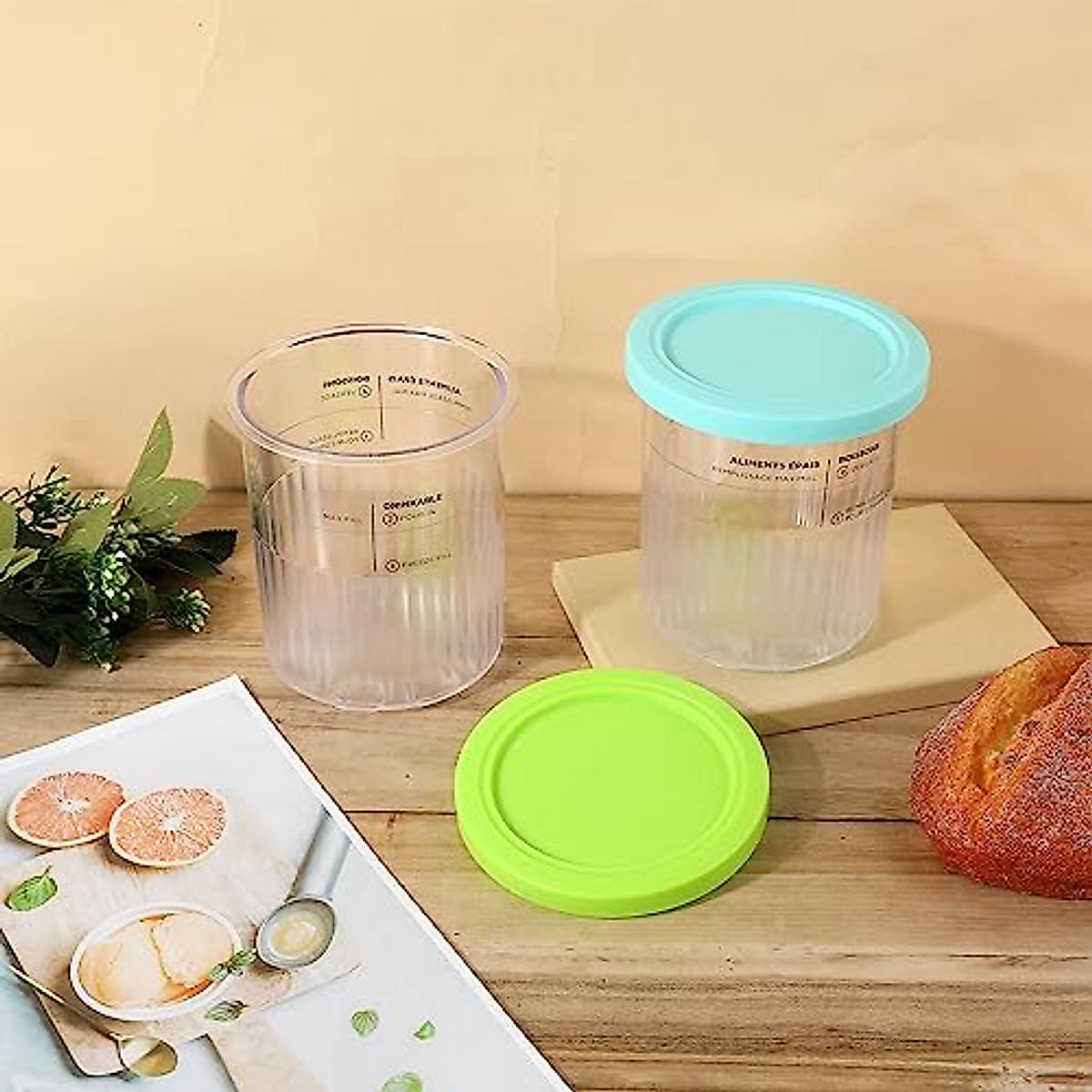 2pcs Containers Replacement for Ninja Creami Pints and Lids, Upgraded Ice Cream Tubs with Lids Compatible with NC500 NC501 Deluxe Series Ice Cream Maker, Wave Style (Green, Blue)