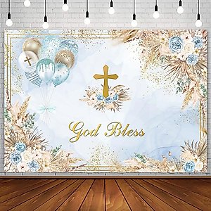 AIBIIN 7x5ft Boho God Bless Baptism Backdrop for Boys Holy Communion Party Decorations Photography Background Blue Marble Floral Christening Ceremony Newborn Baby Shower Banner Photoshoot Props