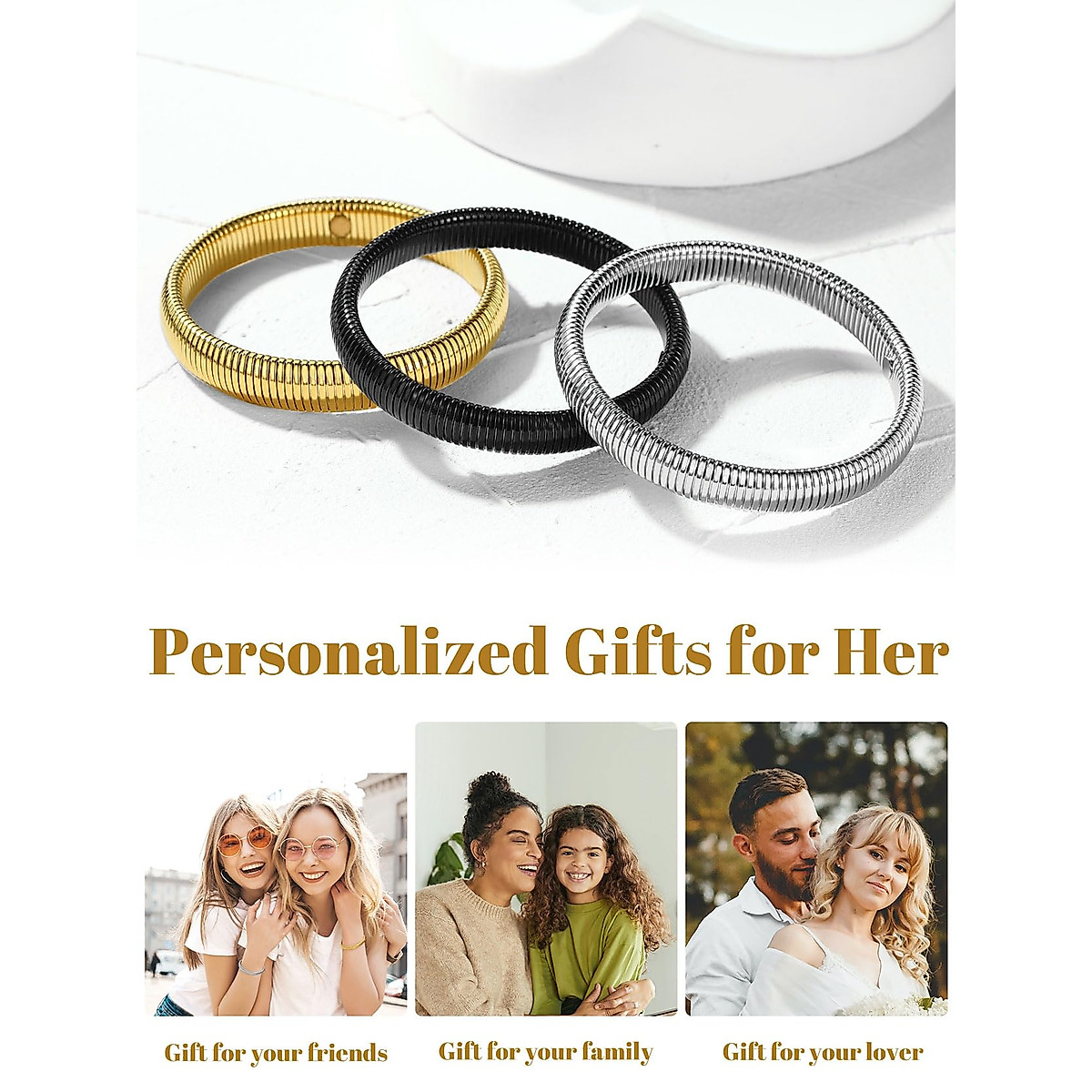 KeyStyle Gold Bangles for Women Thin Stretch Bracelets, High Polished Snake Link Flexible Bangle Bracelet (10mm wide)