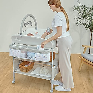 Portable Baby Changing Table, BabyBond Foldable Changing Table Dresser Waterproof Diaper Changing Table Height Adjustable Changing Station for Infant and Newborn(Beige)