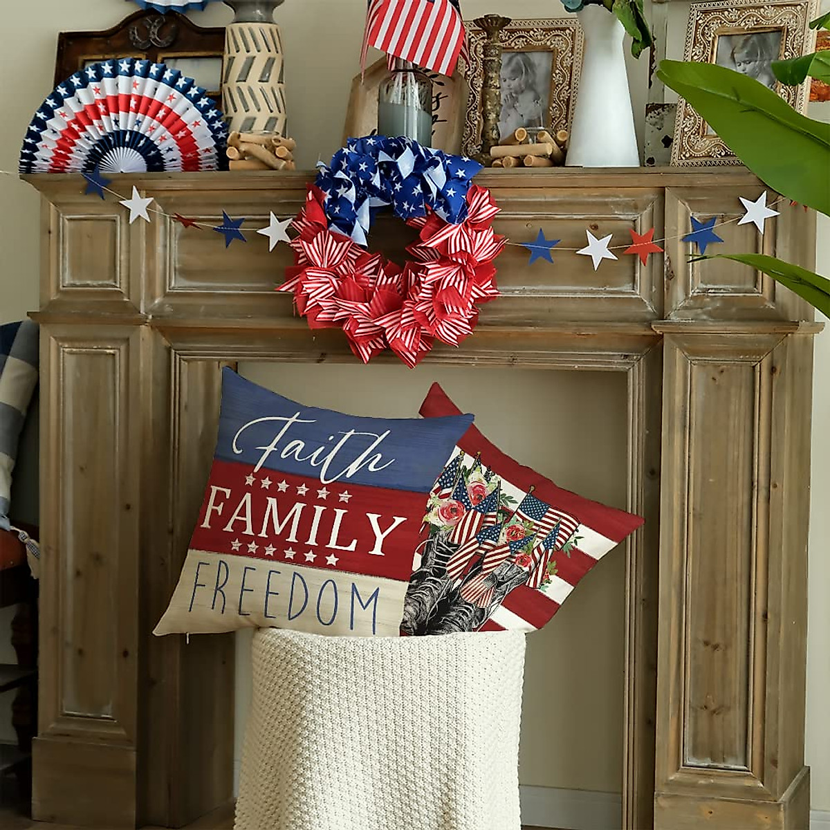 GEEORY 4th of July Decorations Pillow Covers 18 x 18 Set of 4 Star and Stripe Freedom Boot Floral Flag Throw Pillow Covers Patriotic Pillows Independence Memorial Day Decor Cushion Case G325-18