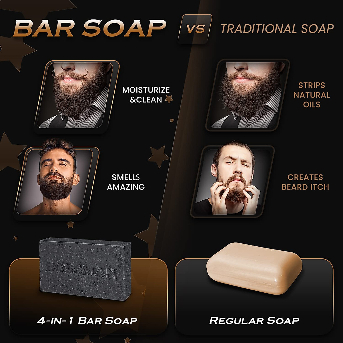 Bossman Men's Bar Soap 4 in 1 Beard Wash, Shampoo, Body Wash and Conditioner, 4 oz