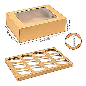 Smirly Cupcake Boxes 12 Count: Disposable Cupcake Containers 12 Count, Cupcake Holder with Lid, Cupcake Carrier, Bakery Boxes with Window, Pastry Boxes, Brown Cookie Boxes with Window Long Treat Boxes