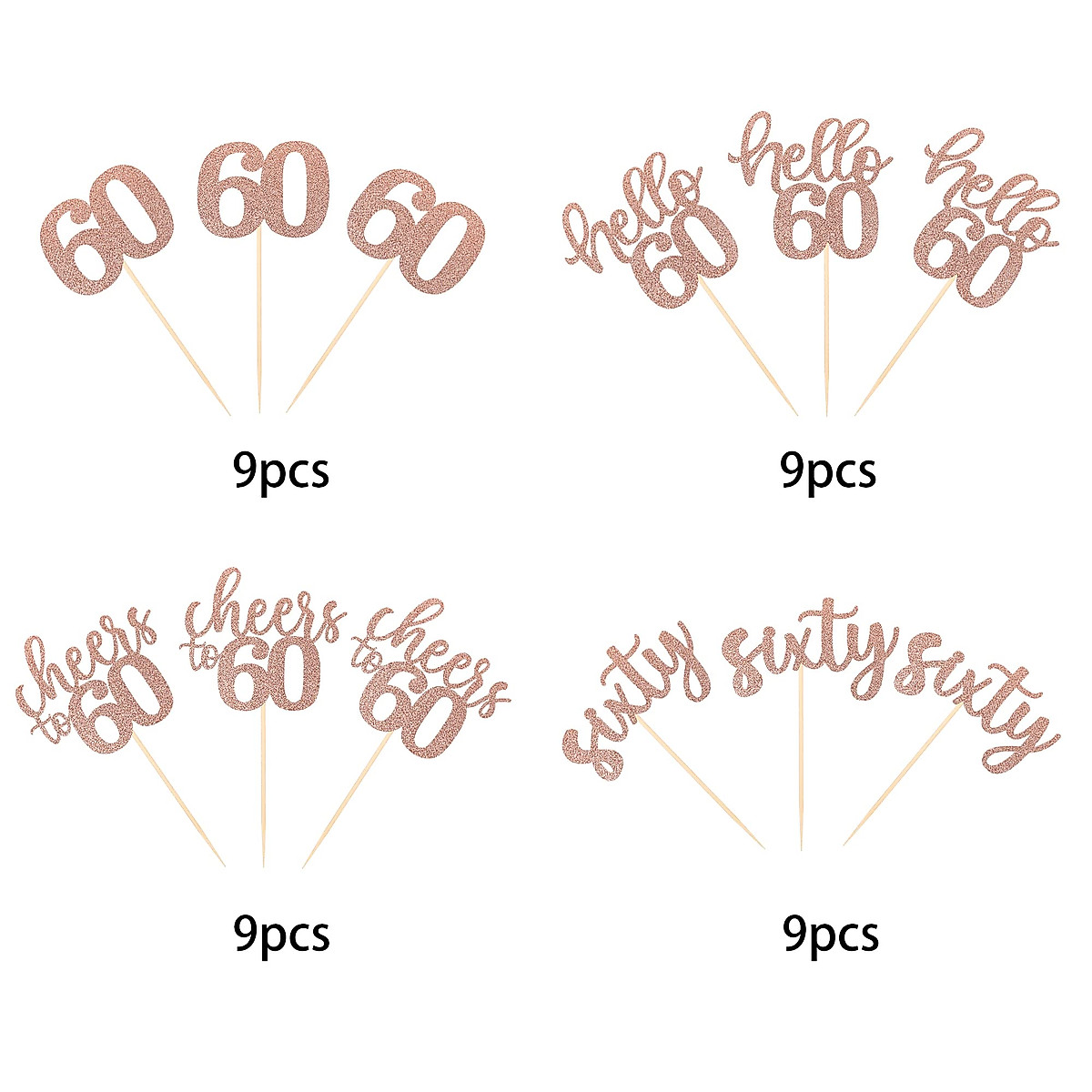 36 Pack 60th Birthday Cupcake Toppers Rose Gold Glitter Cheers to 60 Cake Toppers Hello 60 Sixty Cupcake Picks Decorations for 60th Birthday Anniversary Party Supplies
