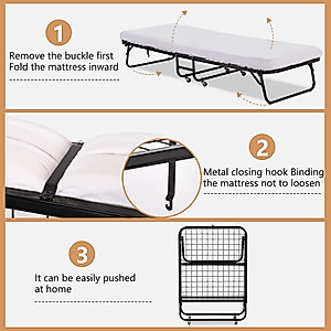 Folding Guest Bed with Wheels Guest Beds Portable Beds Extra Roll Away Foldaway 3.9 Inch Comfort Foam Mattress Strong Sturdy Frame Heavy Duty L75*W30*H12 Inches，White