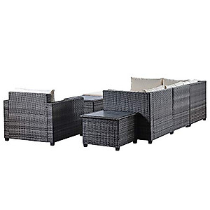 ELOMBR 8 Pieces Outdoor Sectional Sofa, Wicker Patio Furniture Sets, PE Rattan Patio Conversation Sets with Cushions and Wood Table, Grey & Beige