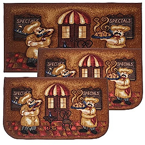 Kashi Home Kitchen Rug, Printed Area Rug, Durable Floor, Door Mat, Farmhouse Non-Slip Carpet Latex Backing Beautiful Design Chef 3pc Set (2 18x30 D Shape & 1 20x40)