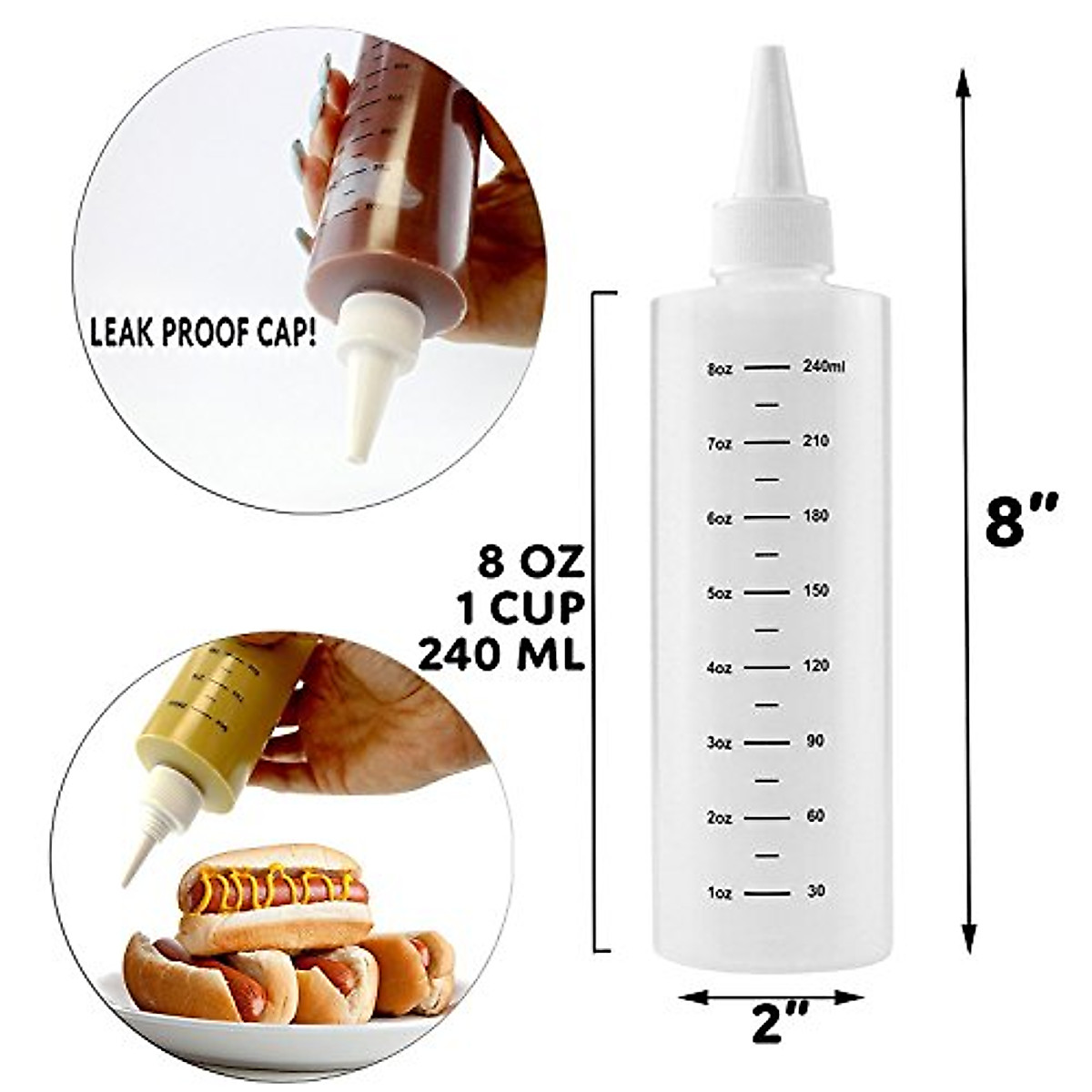 8-Ounce Plastic Squeeze Bottles with Graduated Measurements (8-Pack); Great for Kitchen, Portion Control, Condiments, Cosmetic Use & Crafts