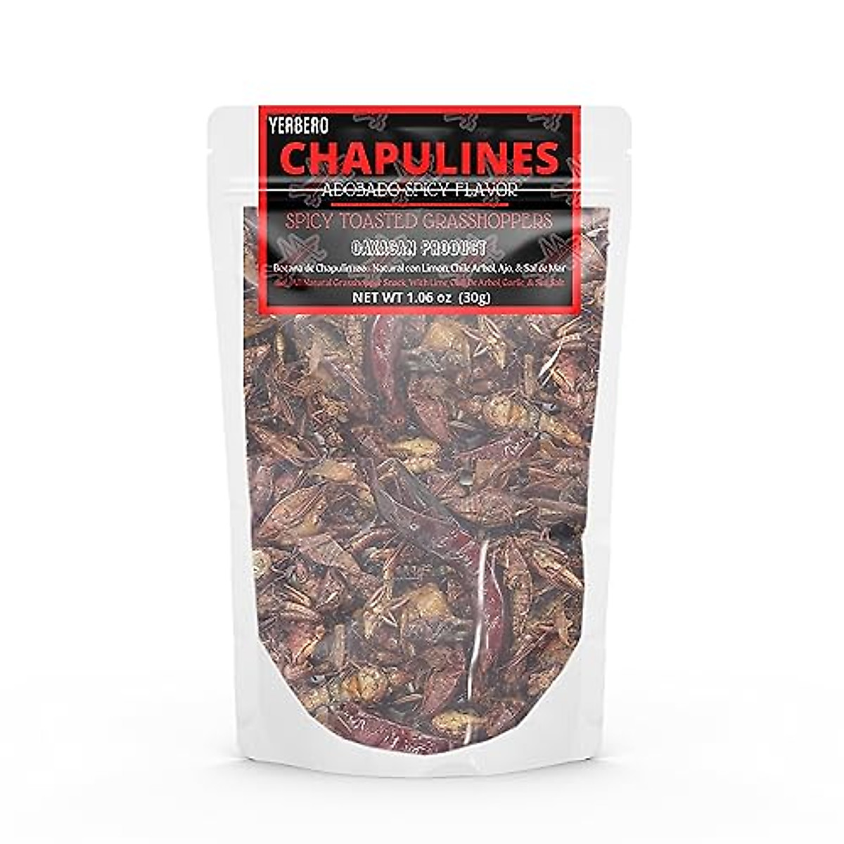 Yerbero - Fresh Chapulines From Oaxaca 1.03 oz (30gr) Adobado Spicy Flavor | All Natural Toasted Grasshoppers With Chili, Lime, Sea Salt and Garlic | Always Fresh (Not Dehydrated) Delicious, Exotic Mexican Snack. Imported From Mexico.
