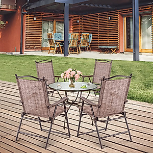 Tangkula Set of 2 Patio Folding Dining Chairs, Outdoor Sling Lawn Chairs with Armrests, Steel Frame, Portable Camping Lounge Chairs for Backyard, Deck, Poolside and Garden, No Assembly (Brown)