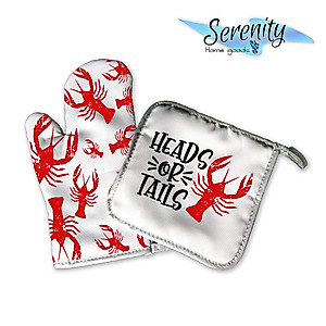 Crawfish Home Decor | Decorative Kitchen Hot Plate Pot Holder Oven Mitt Set | Heads Or Tails | Red White Southern Crawdads Crayfish Bayou Spring Summer Fall | White Home Decor Decorations