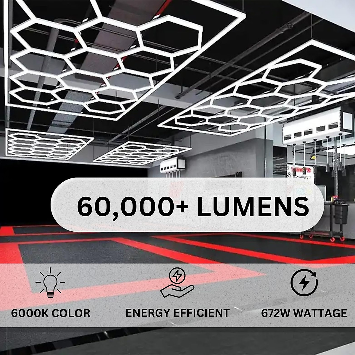 Modern LED Hexagon Garage Light Fixture - 6000K 672W 14 Grid Hexagon Light Set With Rectangle Frame for Garage, Detail Shop, Commercial Store, Office, etc. Over 60,000 Lumens 110V 15.98FT X 7.88FT