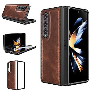 Foluu for Samsung Galaxy Z Fold 4 5G Leather Case, Slim PU Leather & Hard PC Shell, Ultra-Thin Protective Cover - Brown